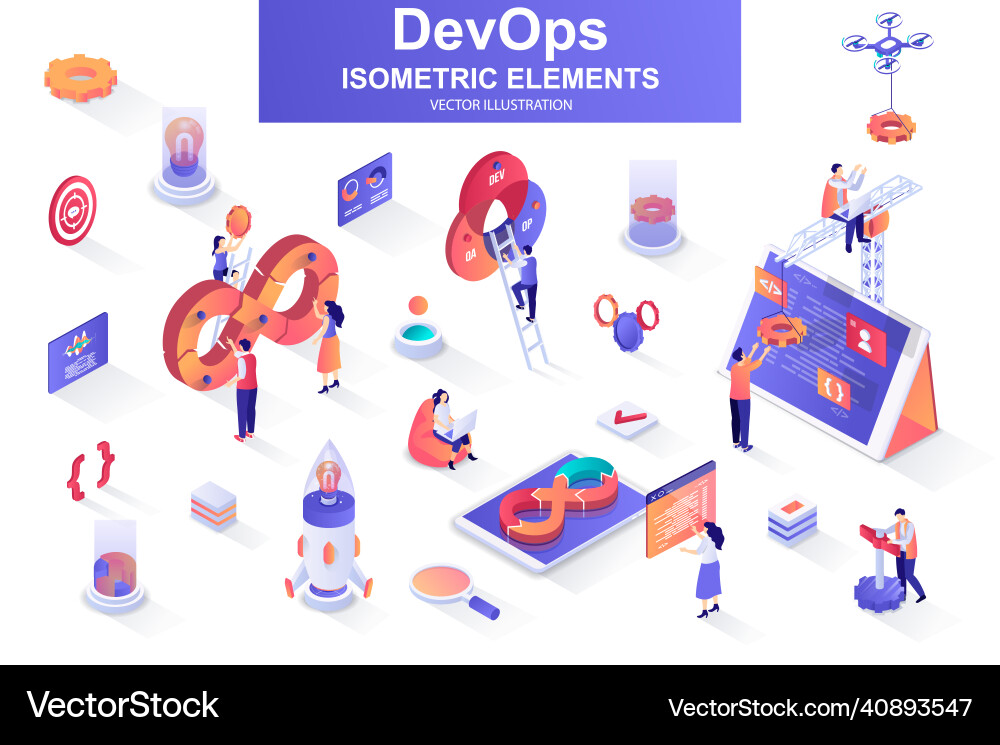 Devops bundle of isometric elements Royalty Free Vector