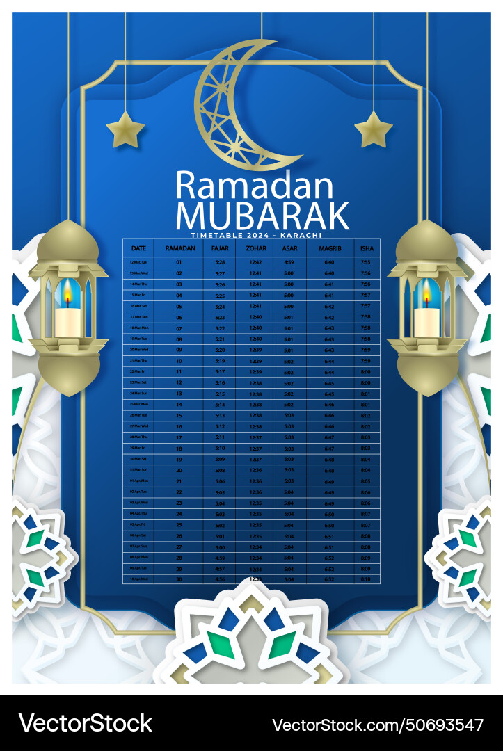 Ramadan kareem timing calendar a3 islamic Vector Image
