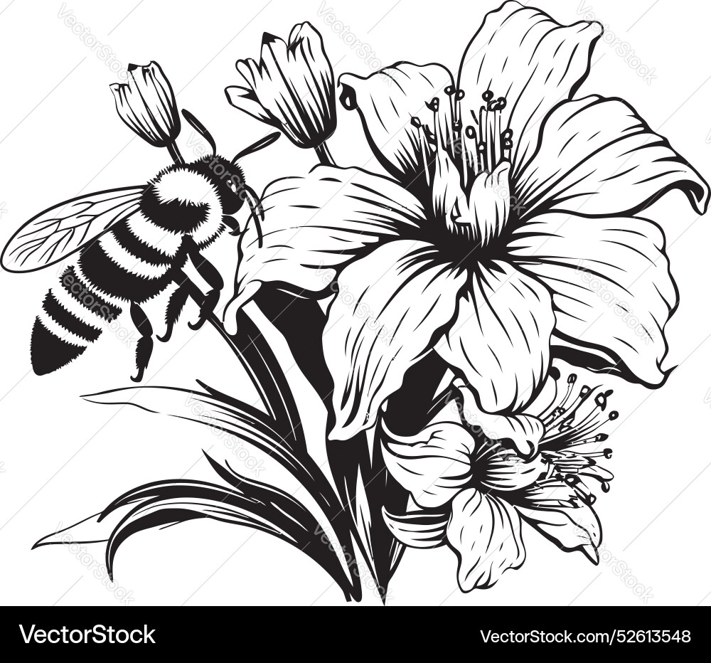 Bee blessing black logo with floral element petal Vector Image