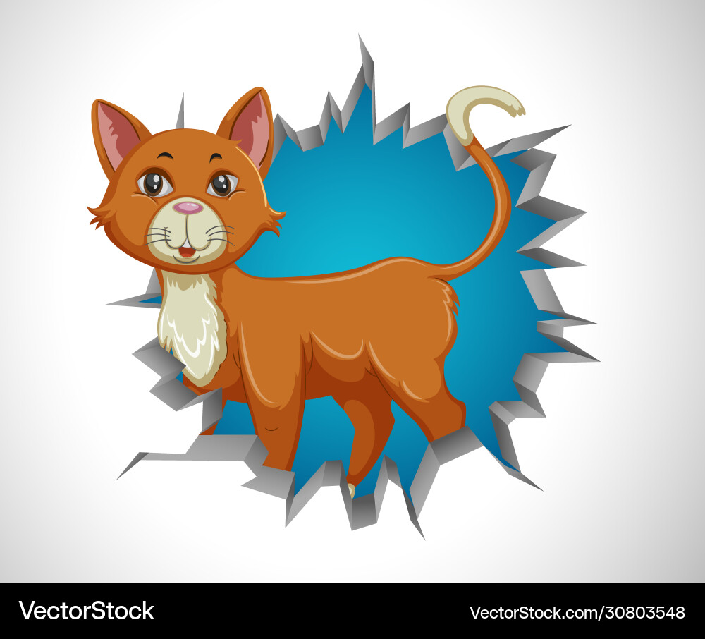 Cute cat coming out cracked wall Royalty Free Vector Image