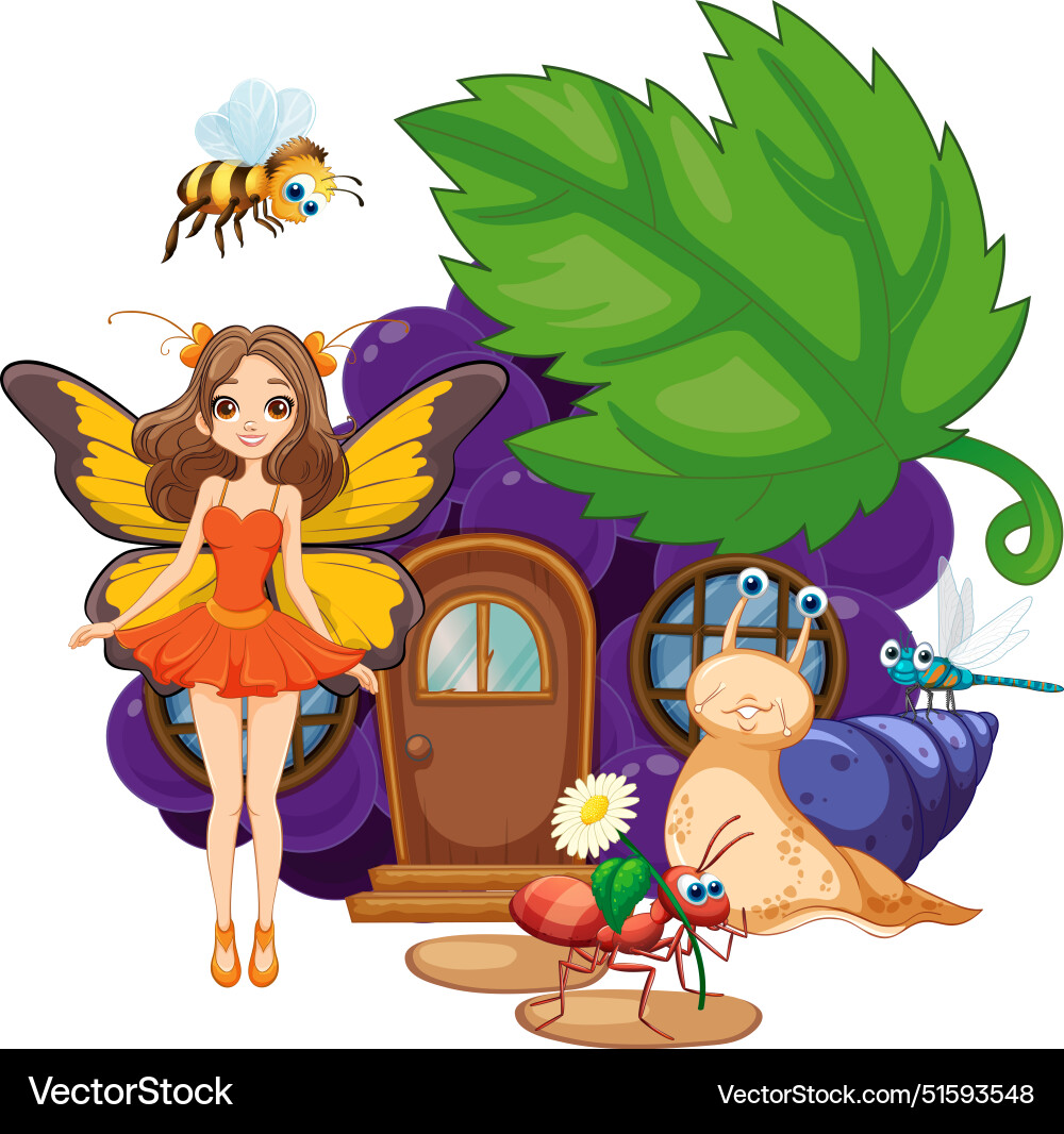 Fairy with insects near a whimsical house Vector Image