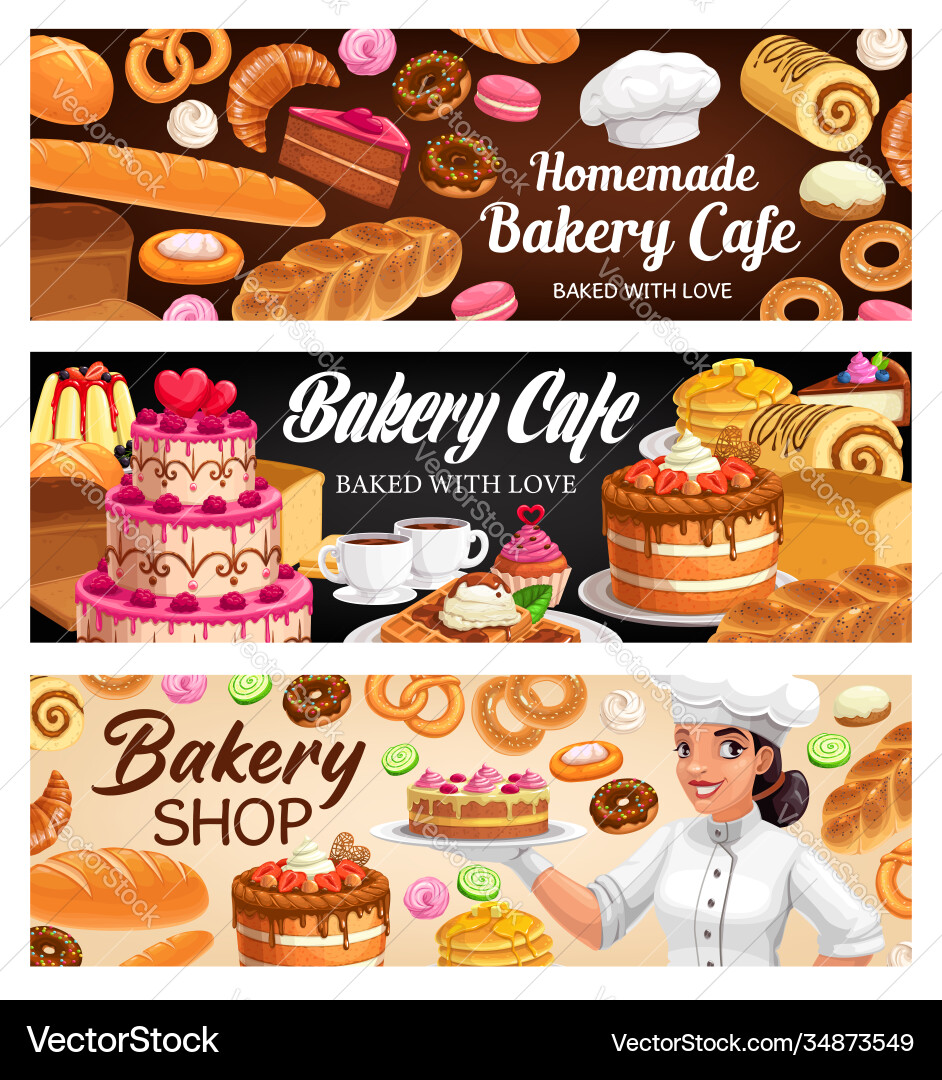 Bakery shop desserts cakes pastry banners Vector Image