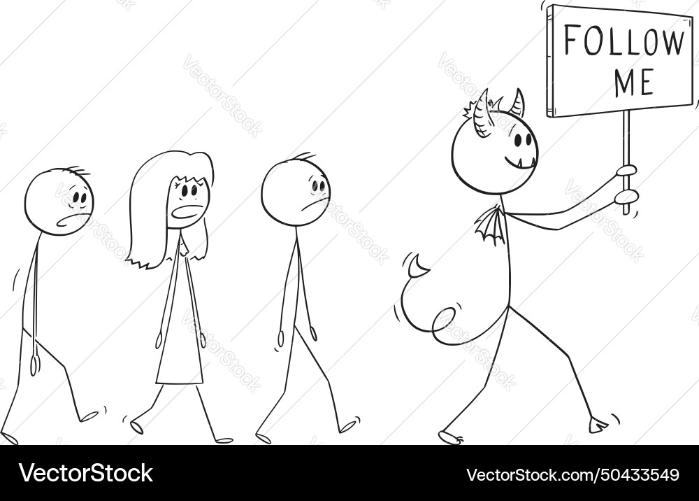 Devil walking with follow me sign cartoon stick Vector Image