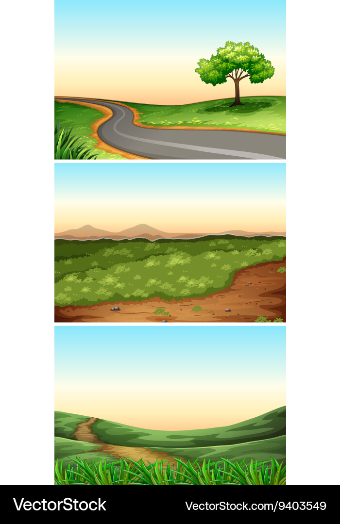 Three scenes with road in countryside Royalty Free Vector