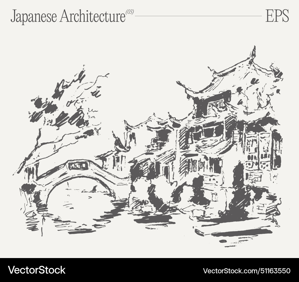 Japanese traditional architecture and bridge Vector Image