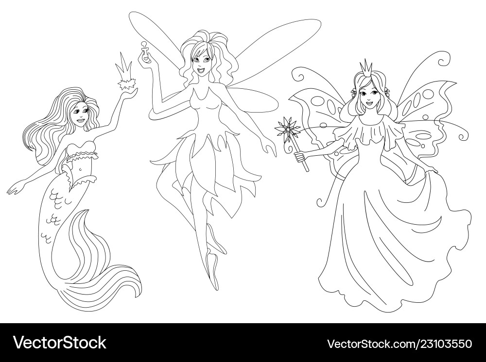 Magical Fairy Characters Coloring Page Royalty Free Vector