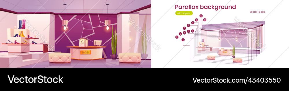 Parallax background with shoes store interior Vector Image