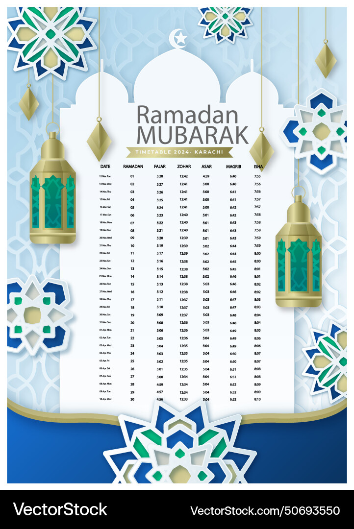 Ramadan kareem timing calendar a3 islamic Vector Image