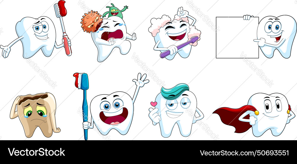 Cute tooth cartoon characters collection set Vector Image