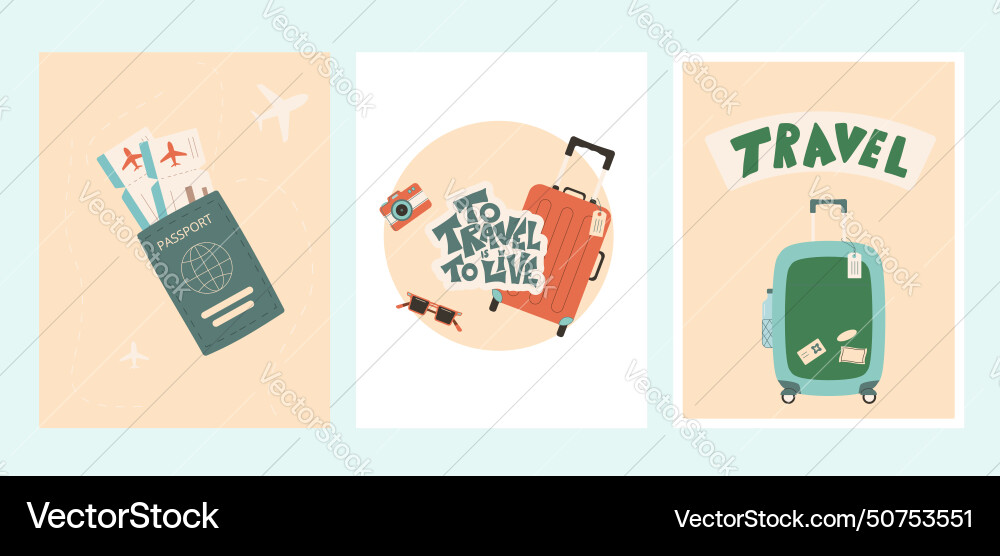 Travel posters templates set baggage passport Vector Image