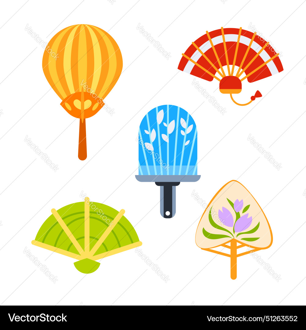 Hand paper fan set chinese handheld folding Vector Image
