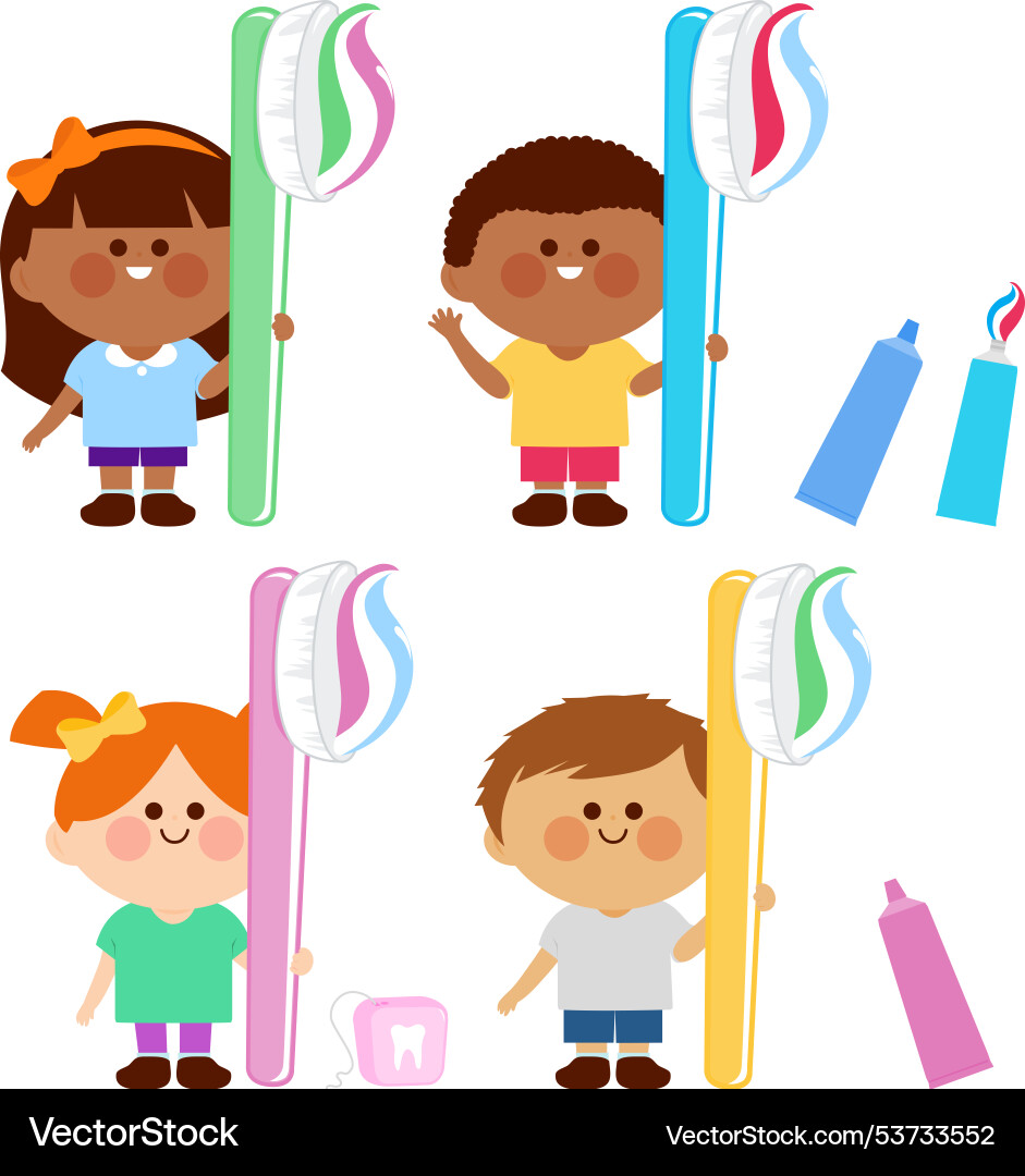Kids using a toothbrush with toothpaste Royalty Free Vector