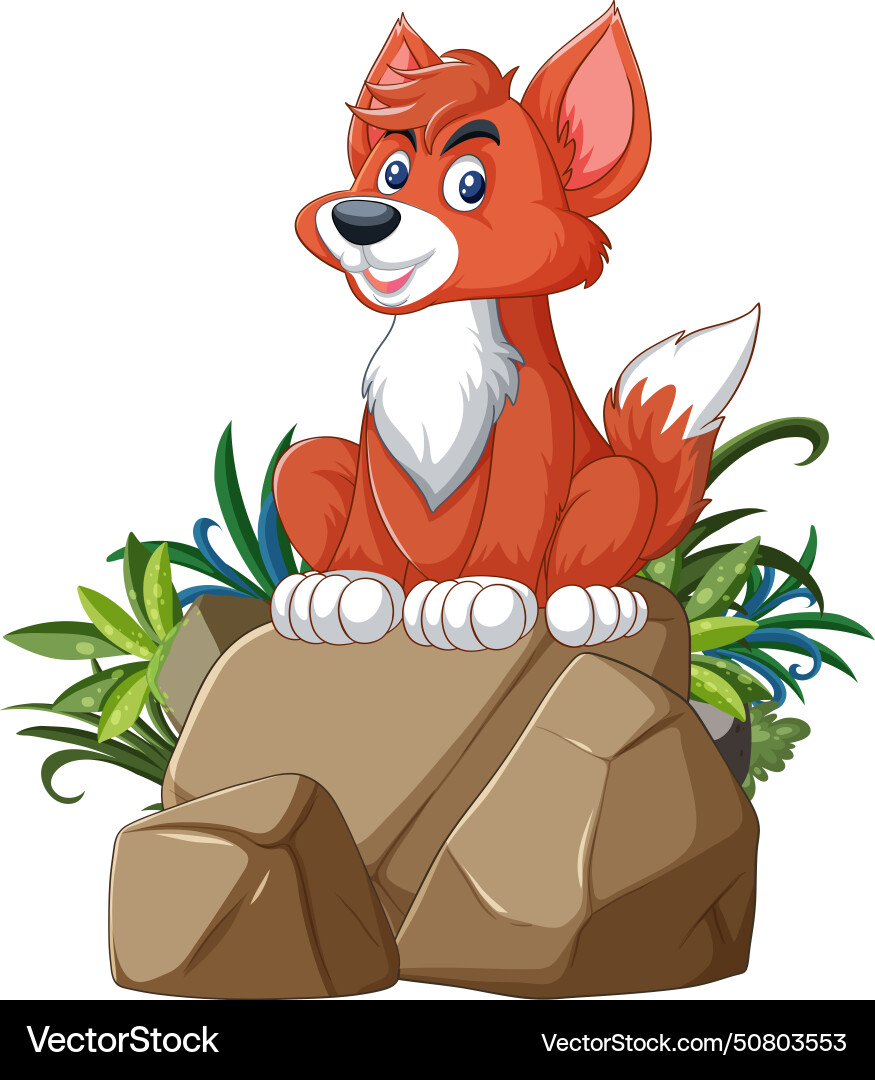 Cartoon fox smiling perched atop a boulder Vector Image