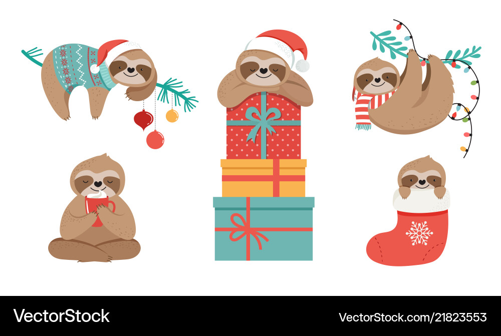 Cute sloths funny christmas Royalty Free Vector Image
