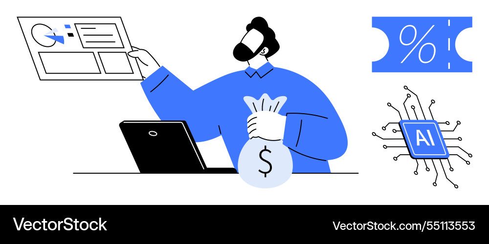 Man analyzing data holding money bag Royalty Free Vector