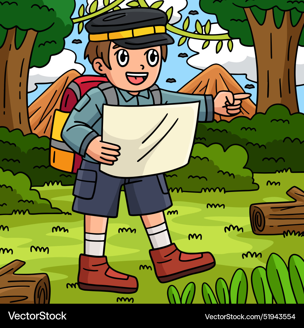 Camping camper with a map colored cartoon Vector Image