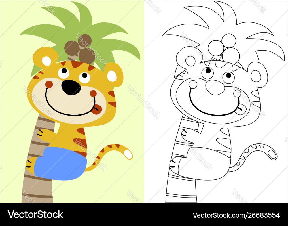 Cute Cartoon Tiger Climbing Coconut Tree Vector Image