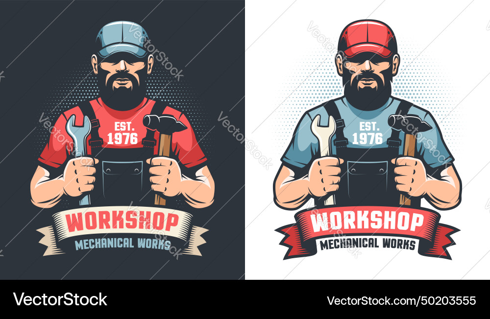 Repair workshop retro logo with handyman and tools