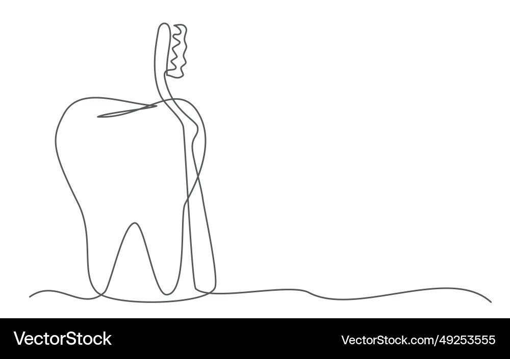 Tooth and toothbrush one line drawing isolated Vector Image