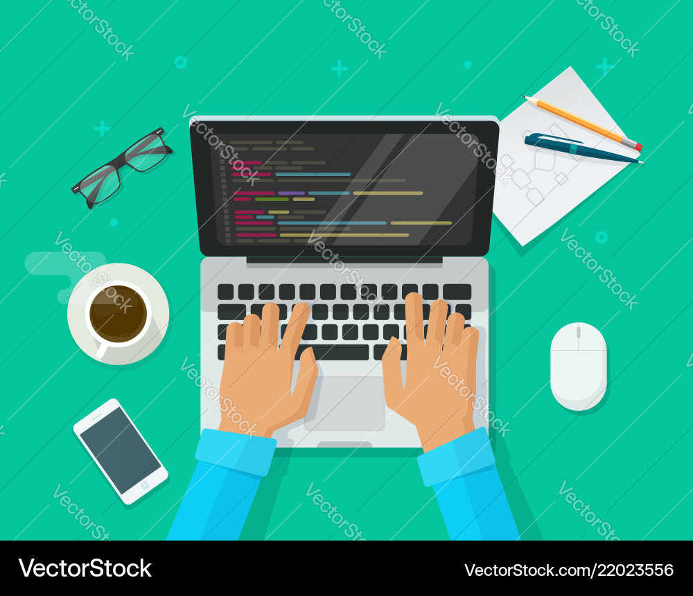 Programmer coding on laptop computer work desk Vector Image