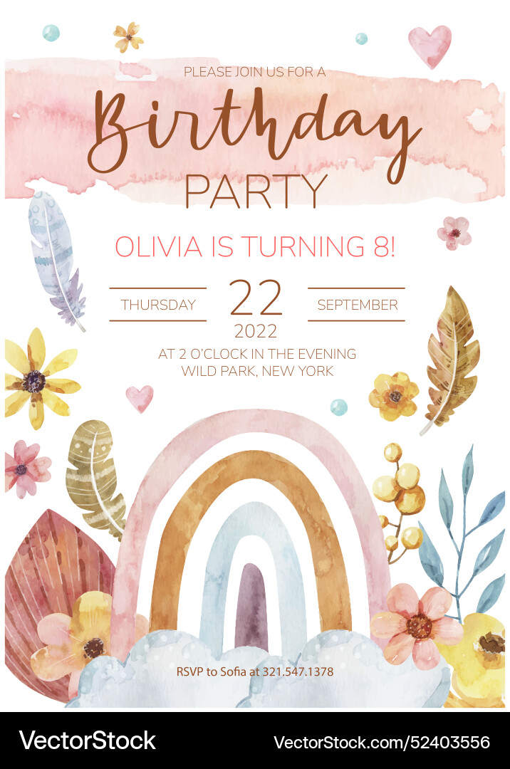 Watercolor boho birthday poster Royalty Free Vector Image