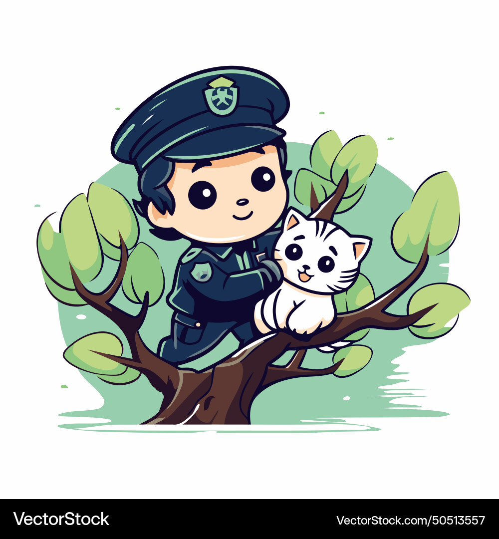 A boy in police uniform with cat on tree Vector Image