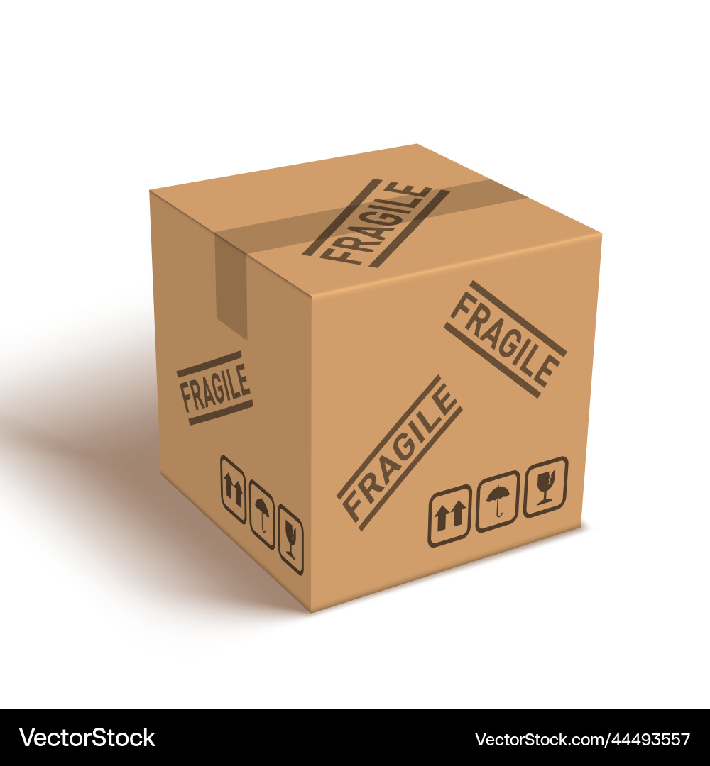 Brown parcel box with caution icons and shadow Vector Image
