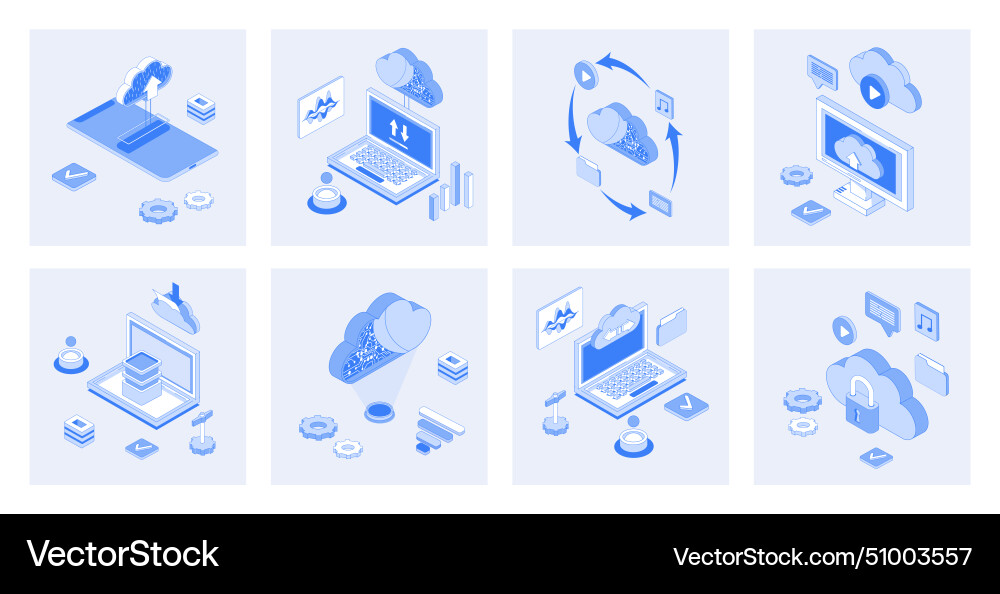 Cloud storage 3d isometric concept set Royalty Free Vector