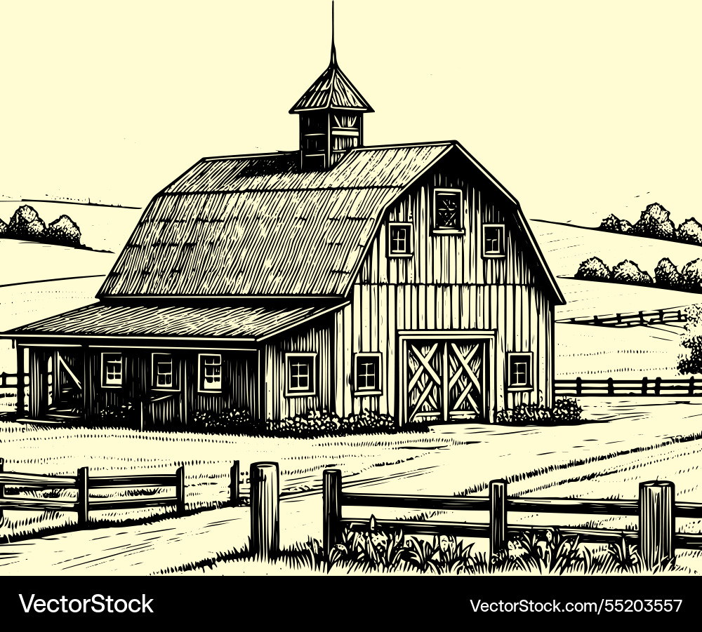Hand-drawn farm and ranch landscape Royalty Free Vector