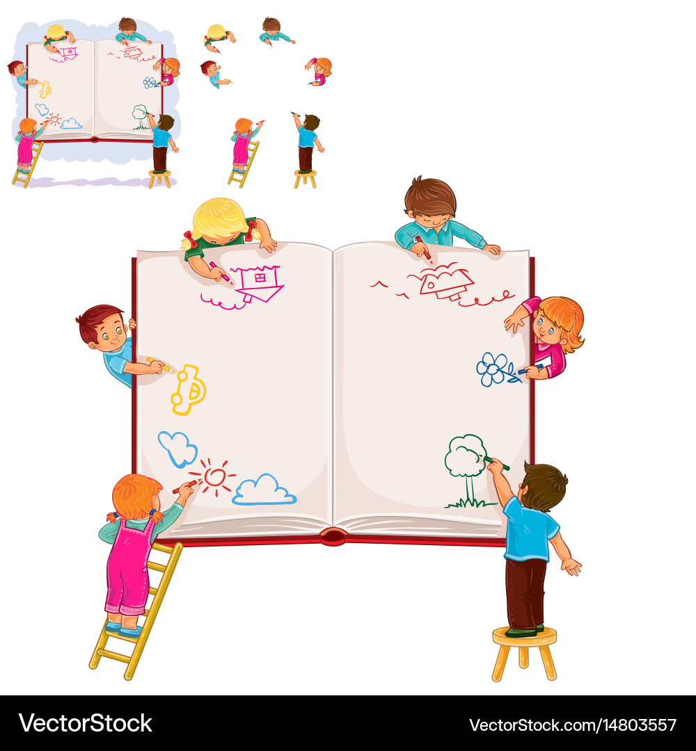 Happy children together draw on a large sheet Vector Image