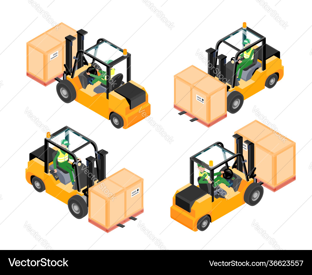 Isometric forklift loaded in all views with driver