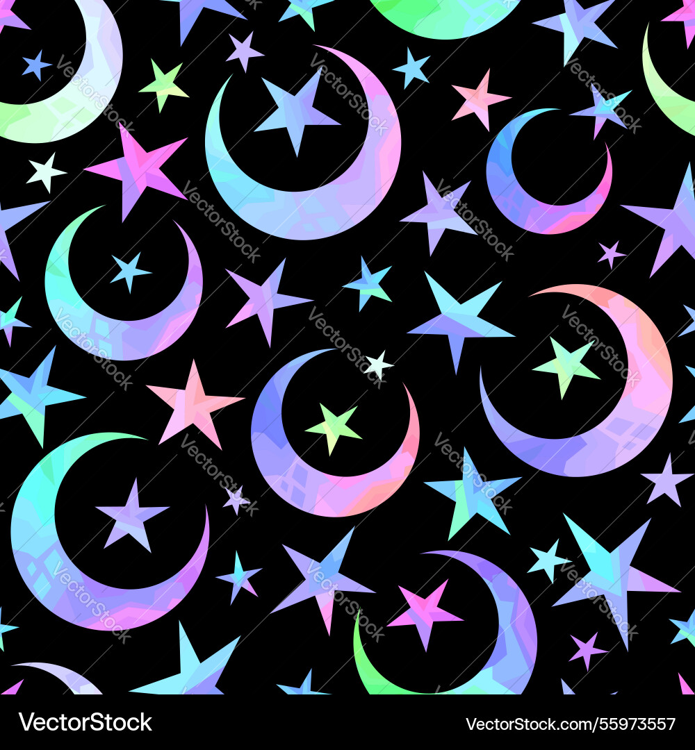Pattern of bright crescent moons and stars on a Vector Image