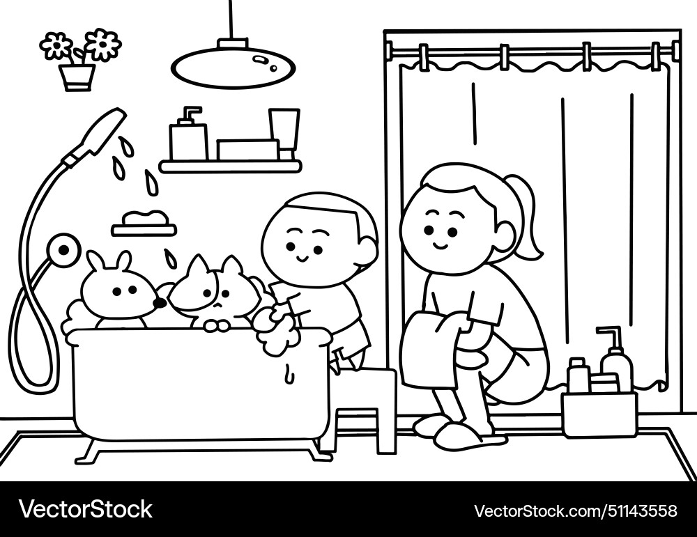 Kid bathing for his pets Royalty Free Vector Image