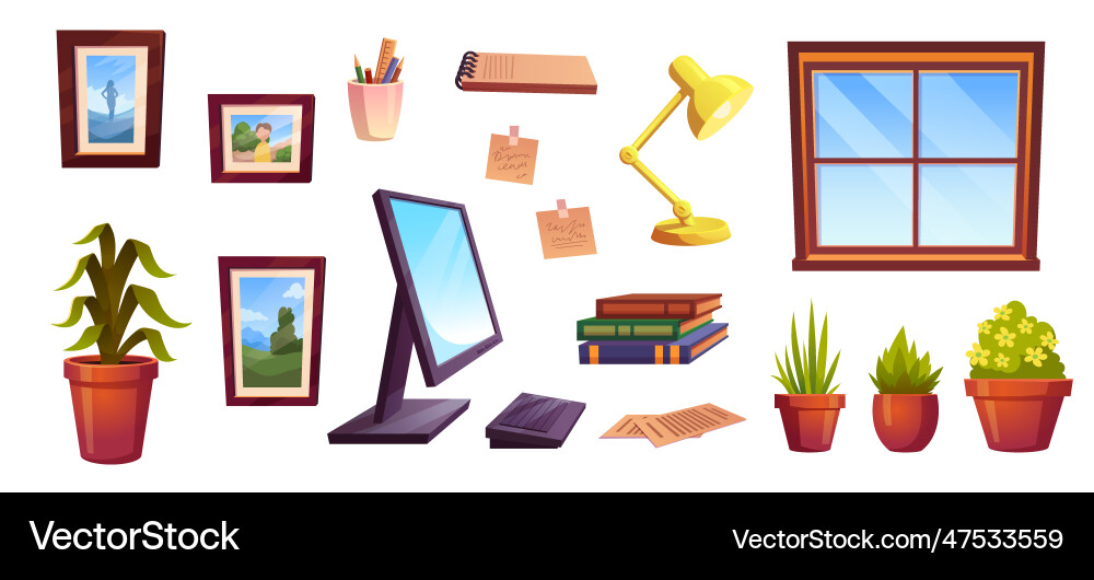 Home office window workspace interior set Vector Image
