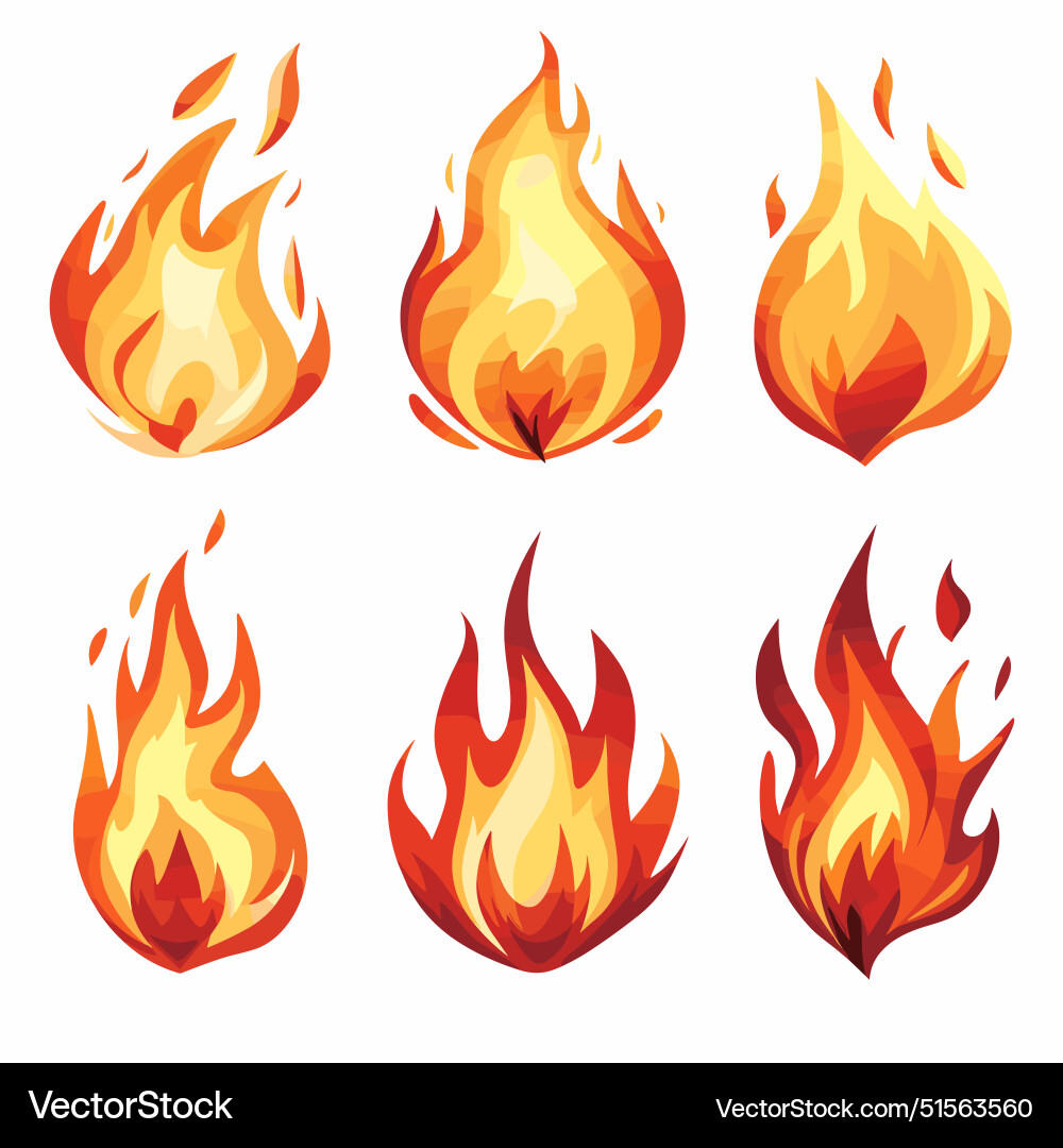 Six different cartoon flame graphics Royalty Free Vector