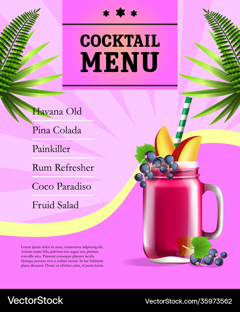 Cocktail menu poster fruit juice jar and palm Vector Image