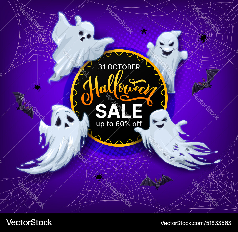 Cartoon halloween ghost with cobweb and bats Vector Image