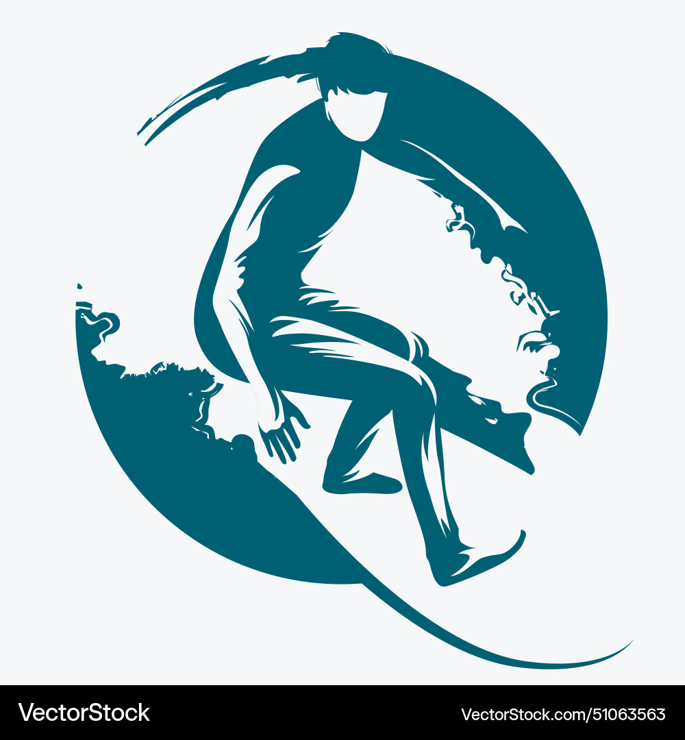 Circle logo drawing of surfer on board Royalty Free Vector