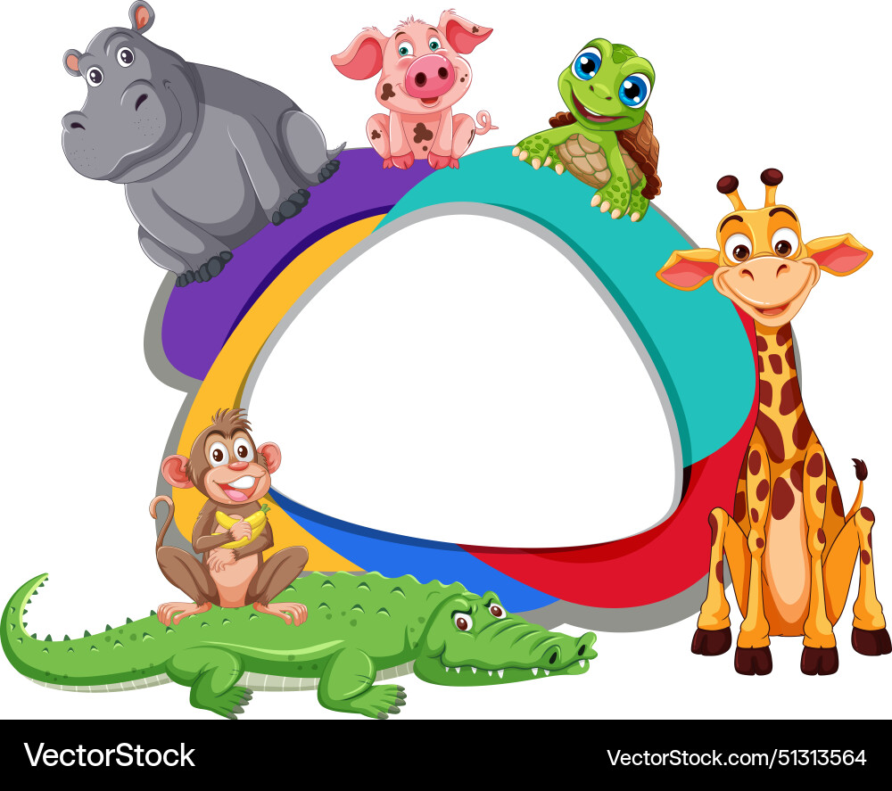 Cartoon animals around a vibrant rainbow arch Vector Image