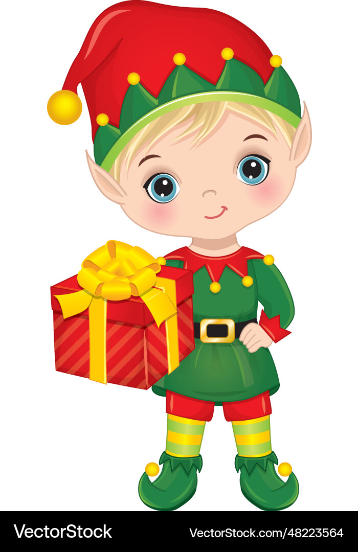 Cartoon cute little elf boy with gift box Vector Image