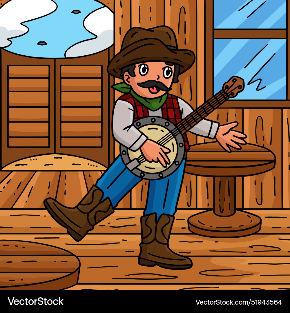 Cowboy playing banjo colored cartoon Royalty Free Vector