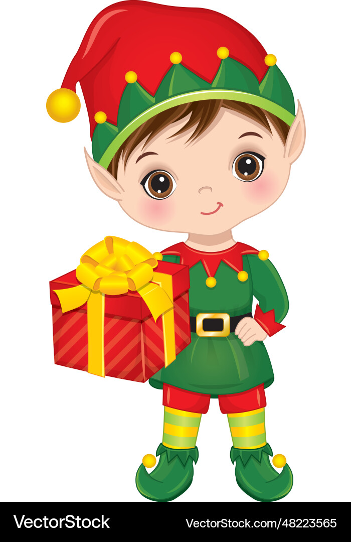 Cartoon cute little elf boy with gift box Vector Image