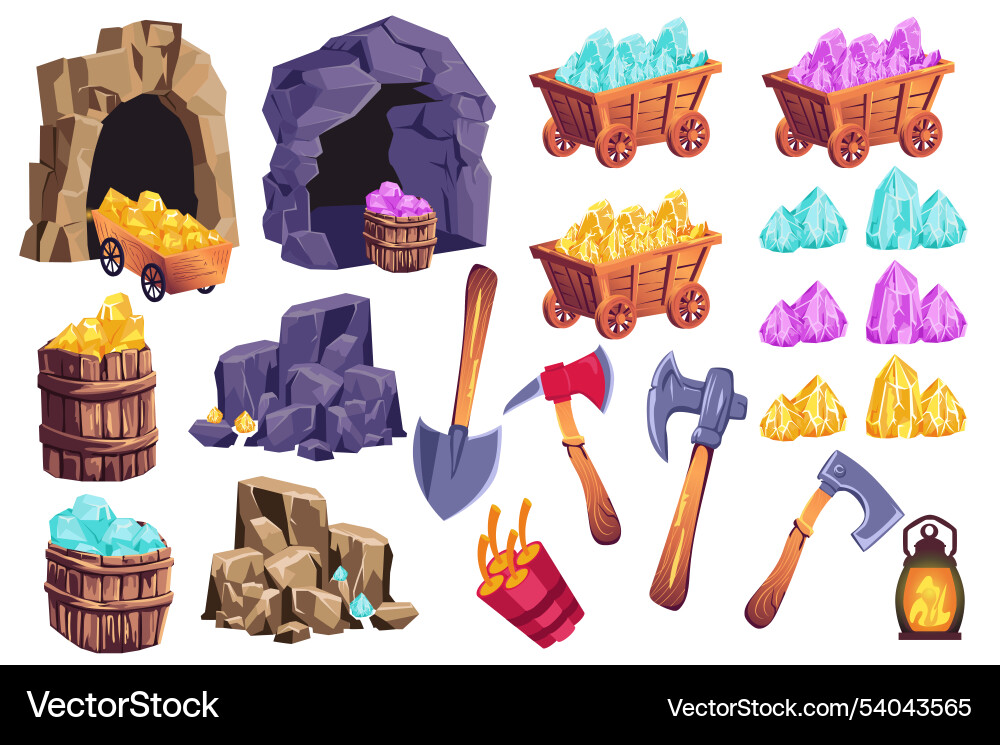 Cartoon mining tools mega set elements in flat Vector Image