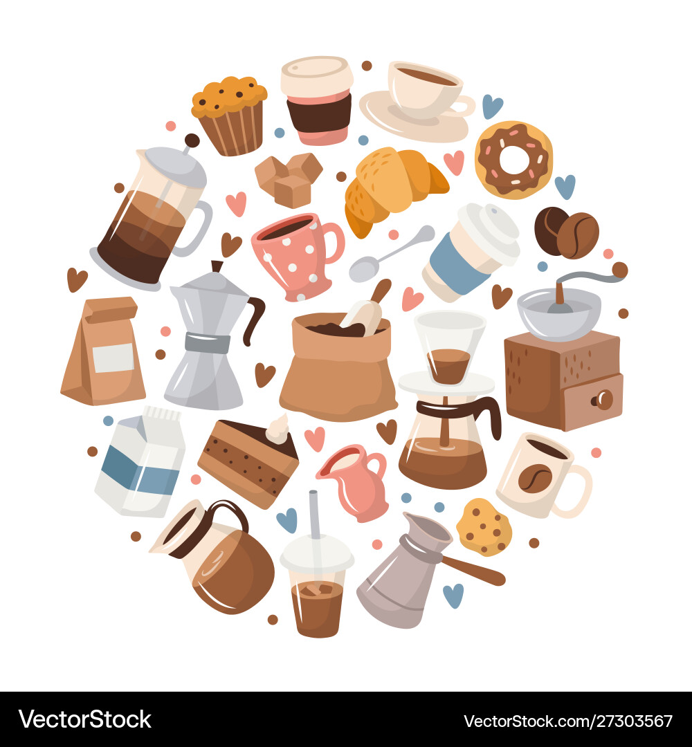 Coffee elements in circular frame cute cartoon Vector Image