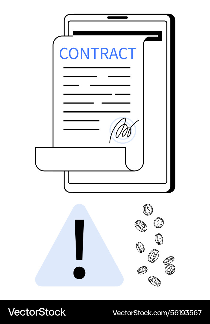 Digital contract signing with alert icon and coins