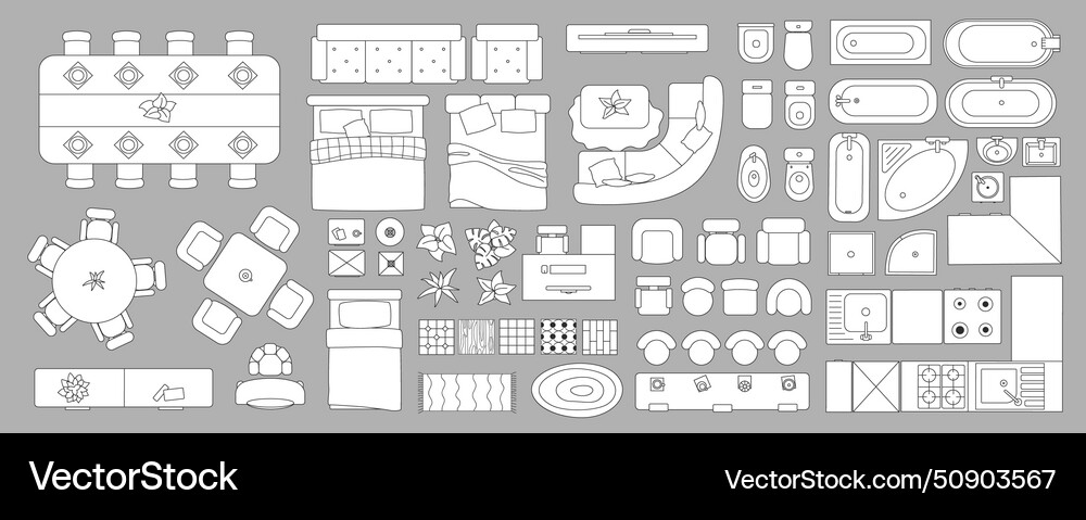 Linear interior in top view mega set flat Vector Image