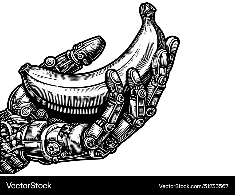 Mechanical robot hand holds a banana sketch board Vector Image