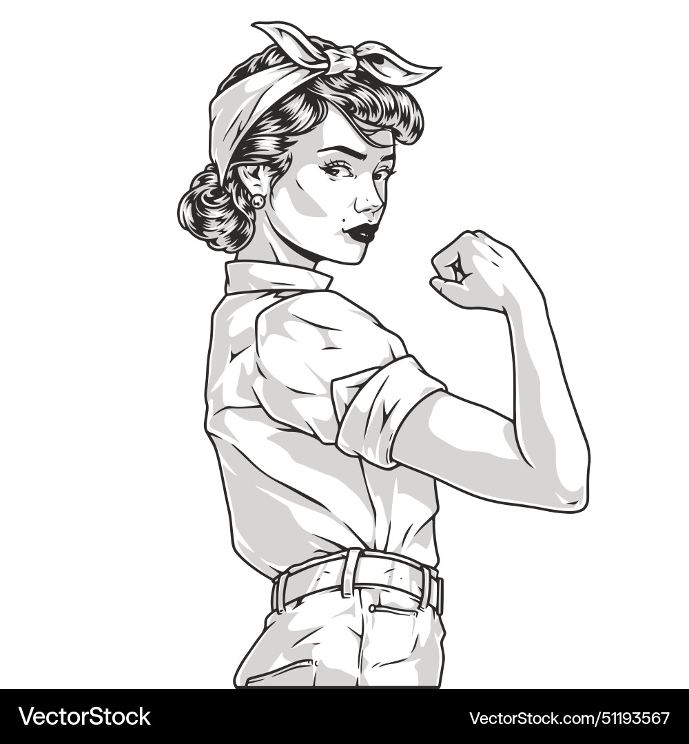 Strong woman monochrome pin-up element Royalty Free Vector