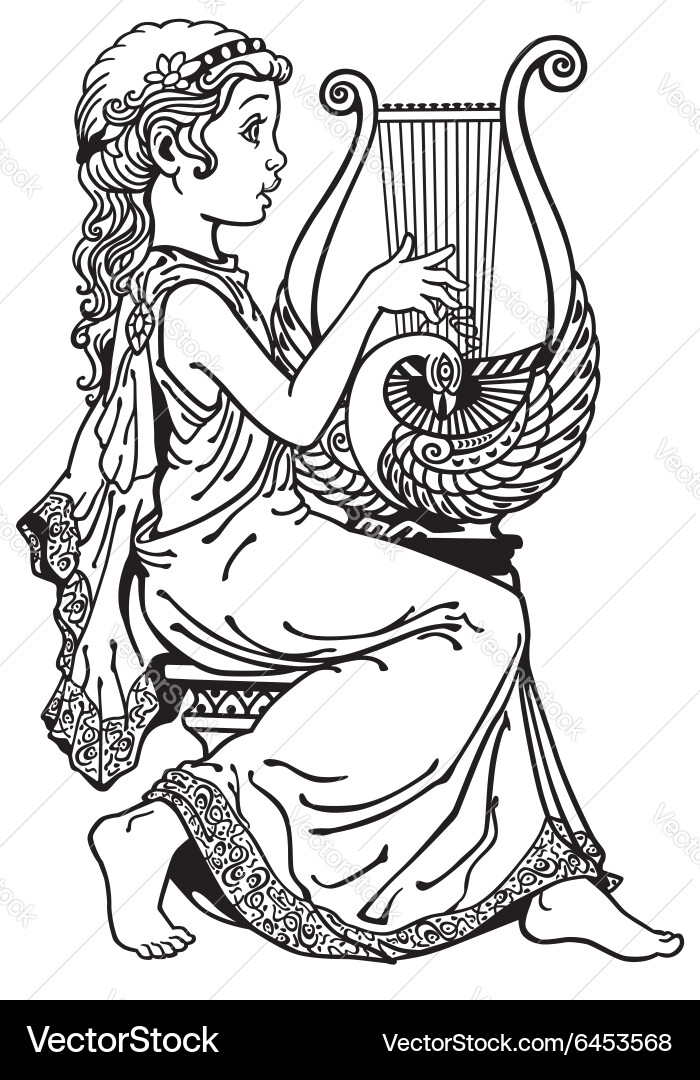 Girl playing lyre black white Royalty Free Vector Image