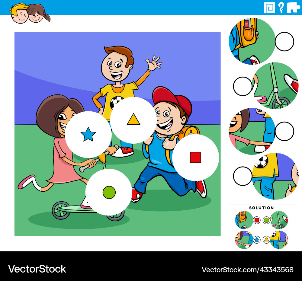 Match pieces game with cartoon school pupils Vector Image
